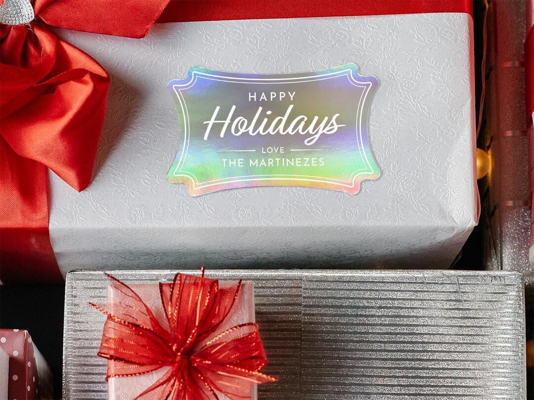Personalized Iridescent Happy Holidays Gift Tag | Rainbow Christmas ...