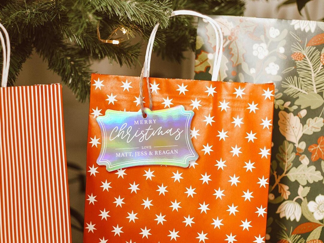Custom Metallic Rainbow Merry Christmas Gift Tag | Personalized Holiday ...