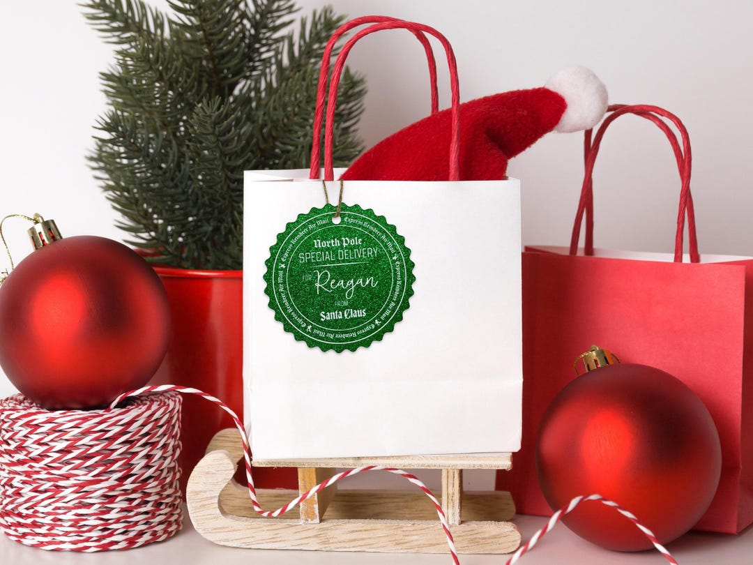 Green Glitter Santa Gift Tag | Personalized Reindeer Air Mail | Hanging ...