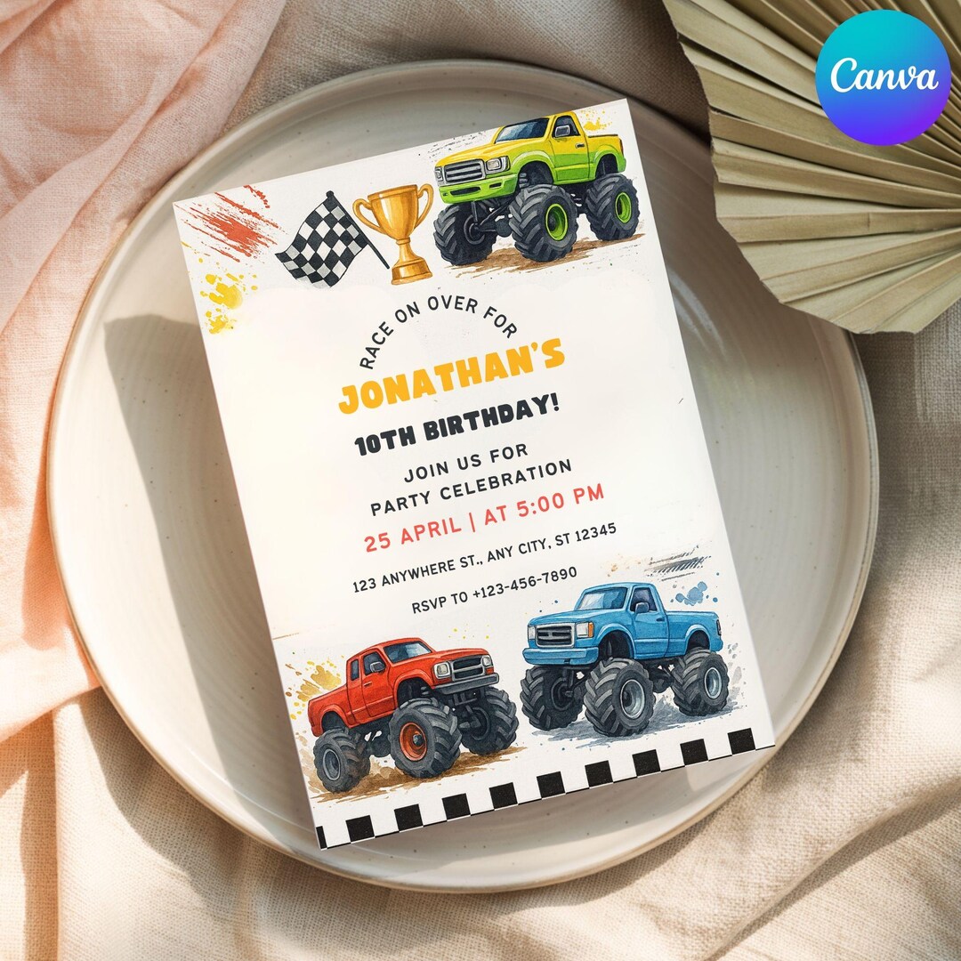Monster Truck Birthday Invitation | Editable Race Party Card for Boys ...