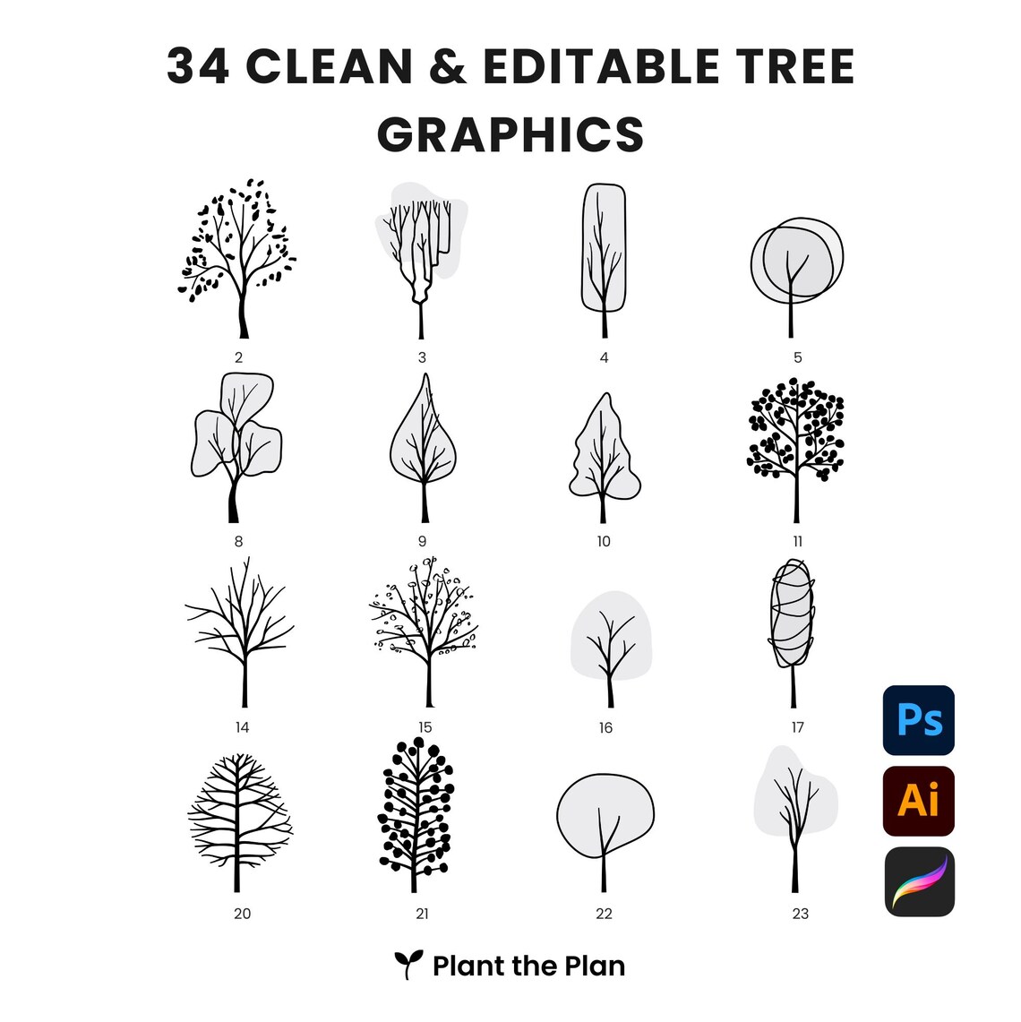 34 Tree Symbols for Architecture & Landscape – Clipart Pack | PNG, SVG ...