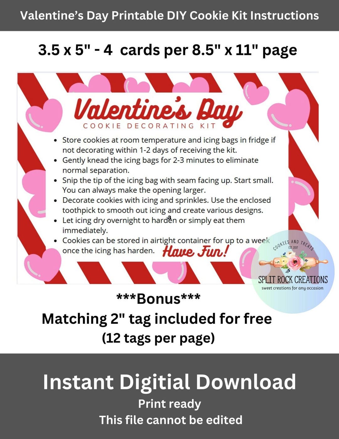 Printable Valentine's Day DIY Cookie Kit Instructions, Bonus Matching ...