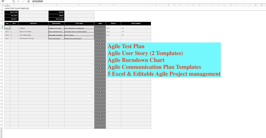 Agile Test Plan, User Story (2 Templates), Burndown Chart, Agile ...