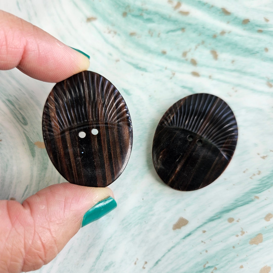 Sunburst Carved Buttons | Set of 2 Vintage Buttons | Brown Wood Effect ...