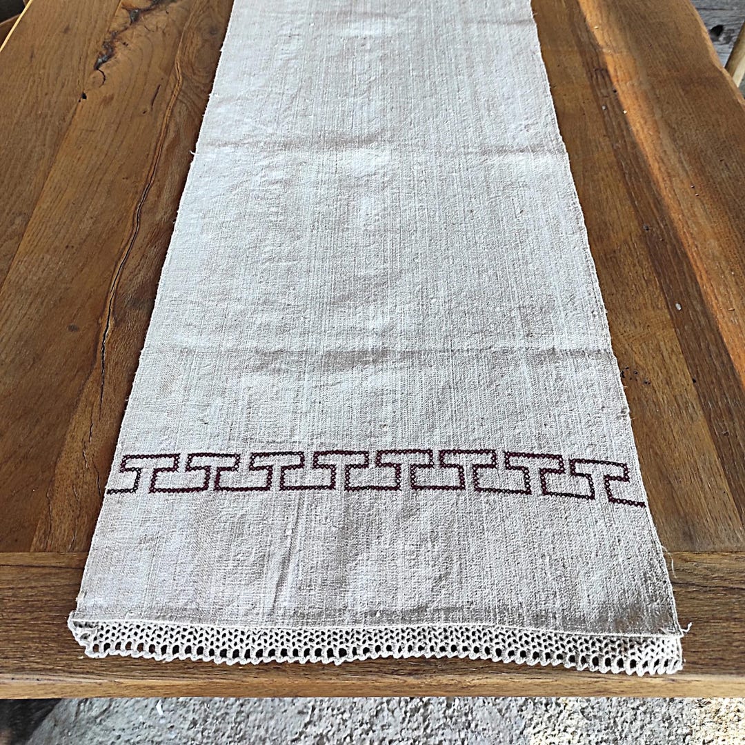 Vintage Greek Pattern Table Runner Premium Quality Luxury Natural Linen ...