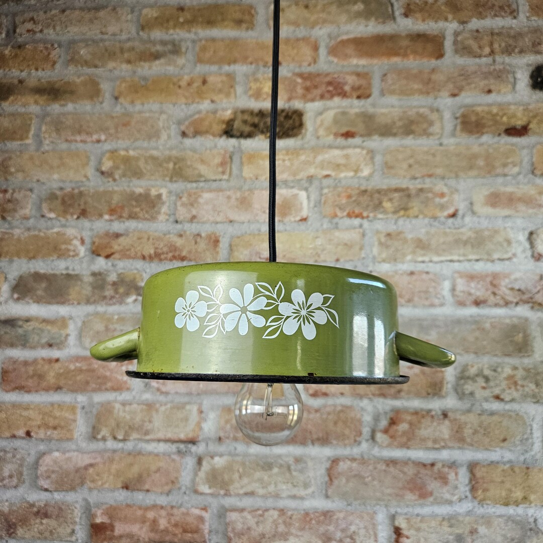 Up Cycled Enamel Light | Vintage Metal Pendant Shade | Green White ...