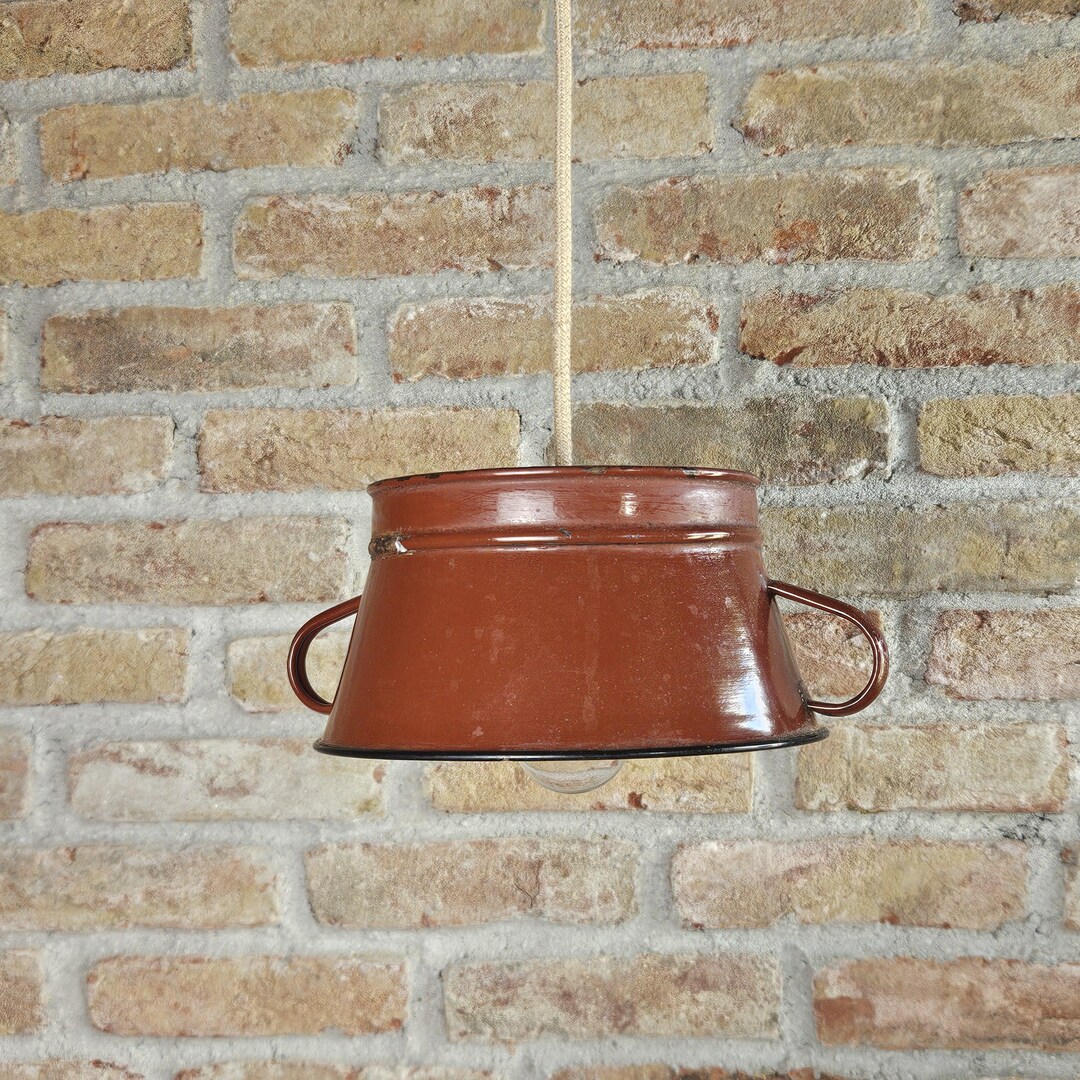 Up-cycled Enamel Colander Light | Vintage Chestnut Brown Repurposed ...