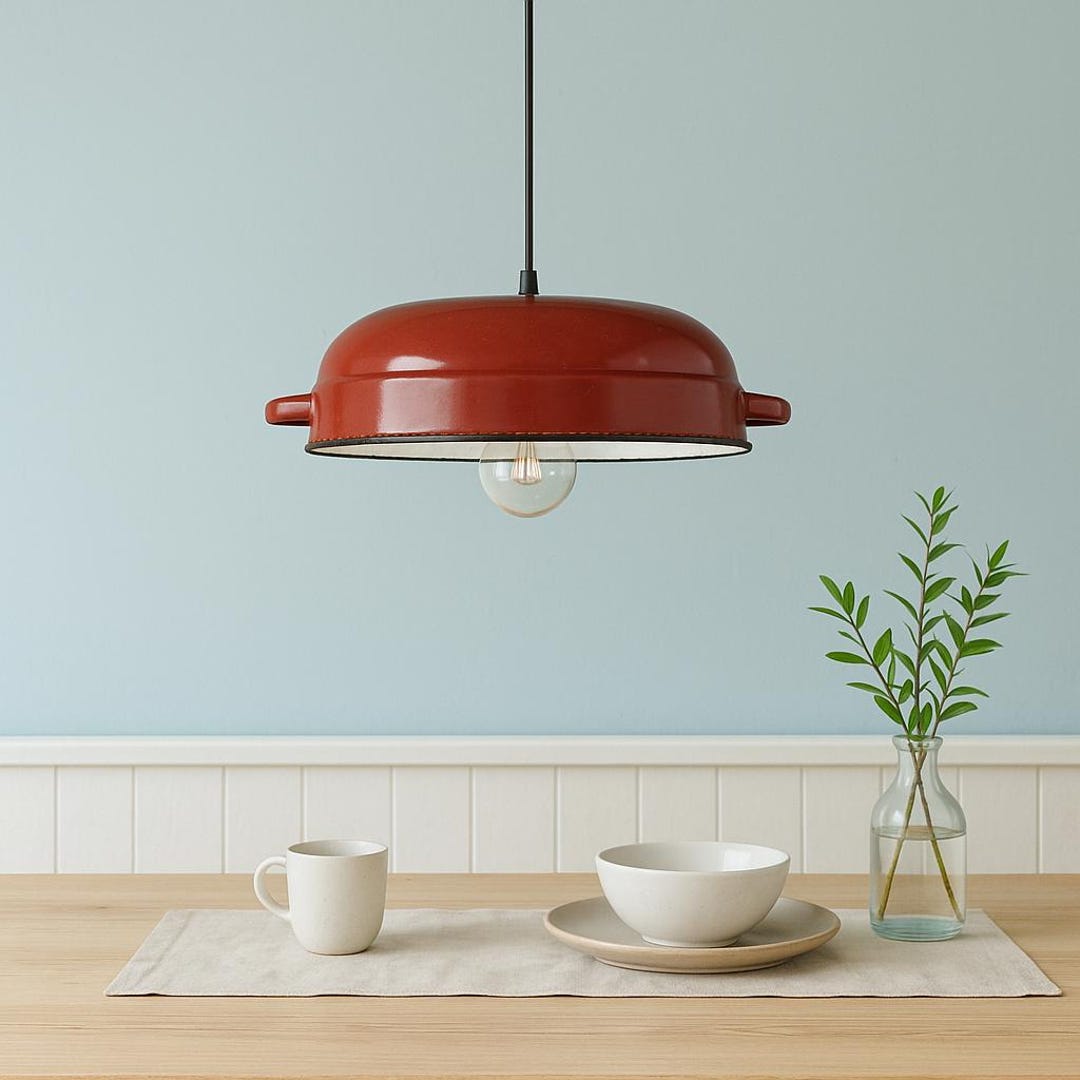 Up-cycled Enamel Pendant Light | Vintage 1950s Rustic Brown Repurposed ...