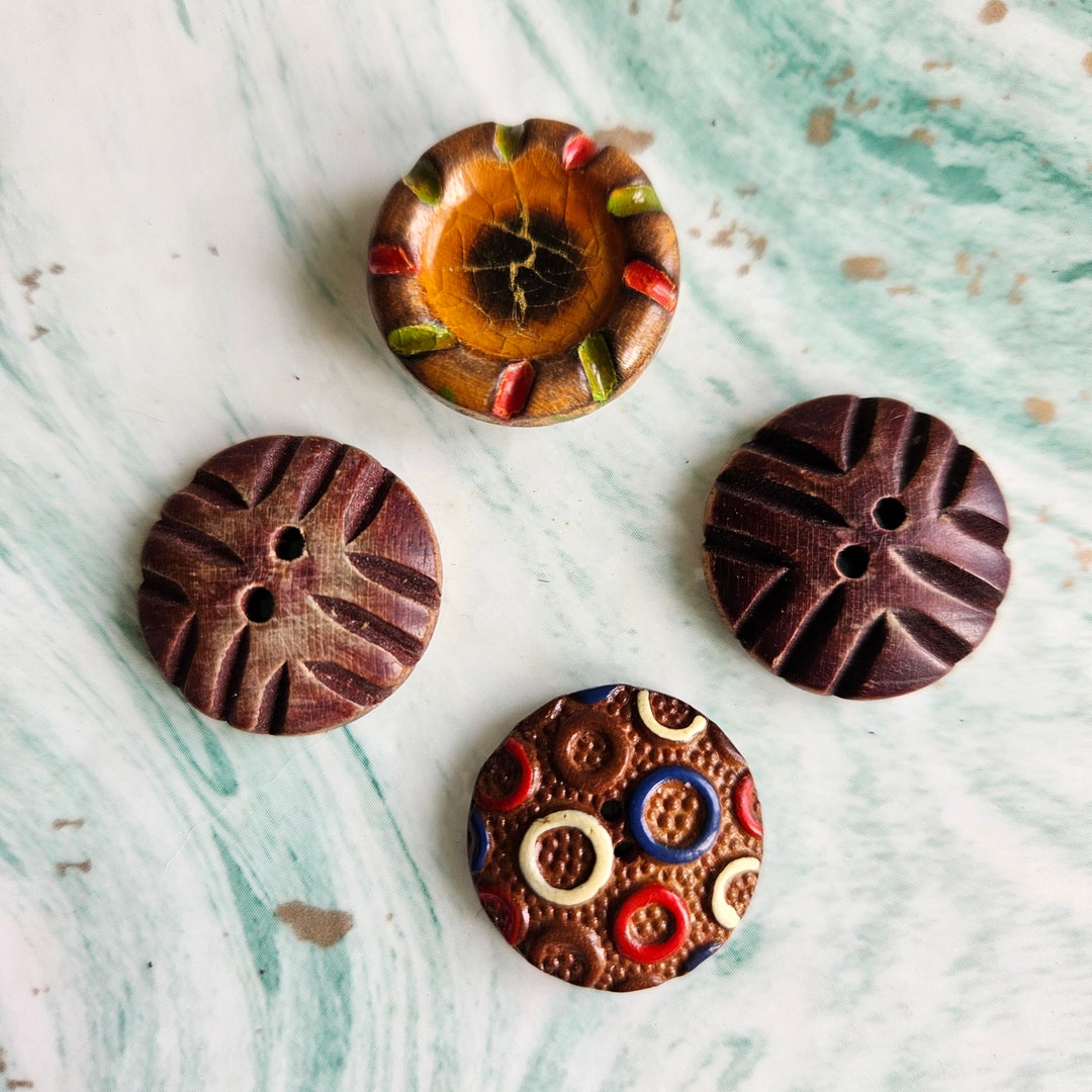 Hand Carved Buttons | Set of 4 X Vintage Wooden Buttons | Mixed ...