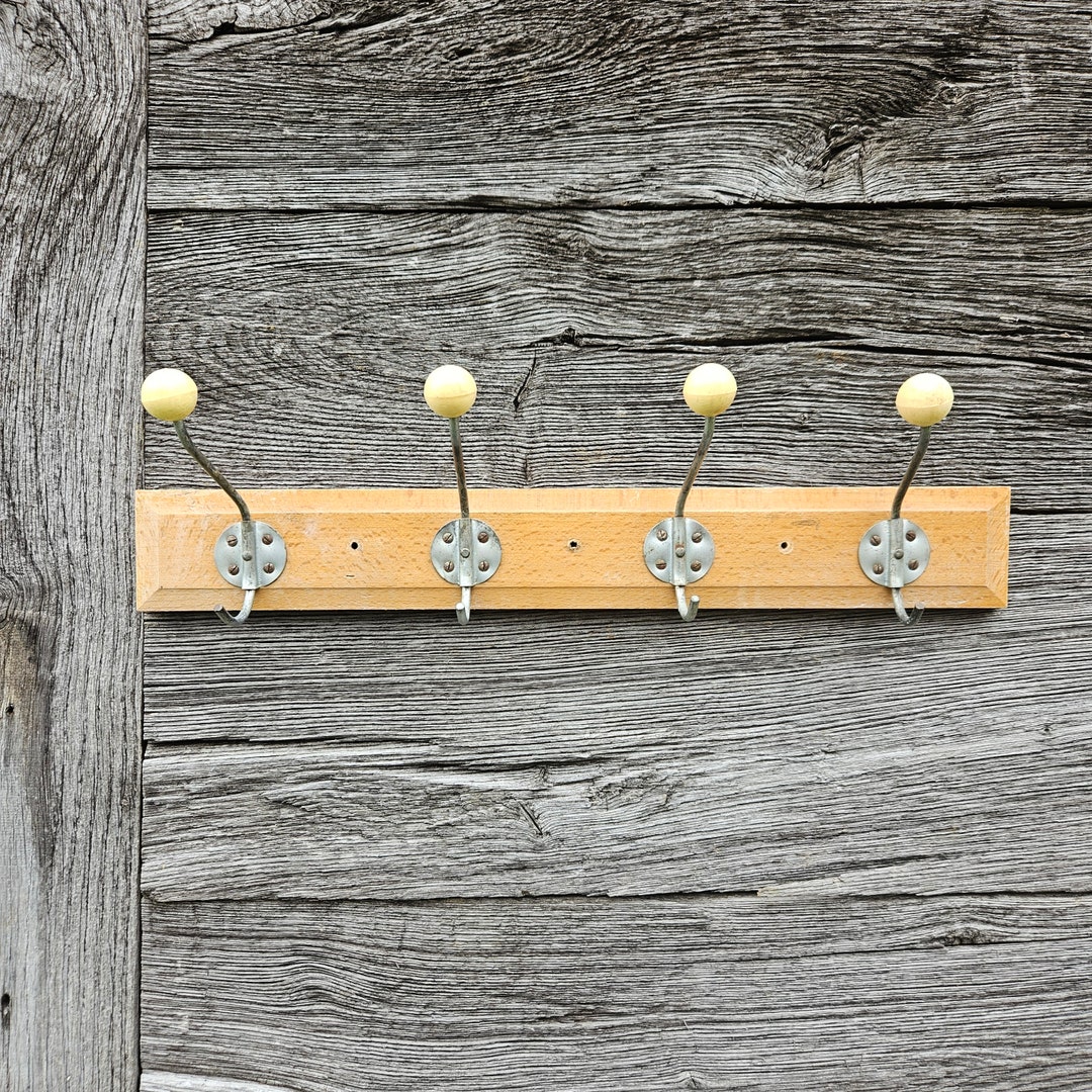 Vintage Retro Wooden Hook Rack Set of 4 X Yellow Ball & Metal Wall ...