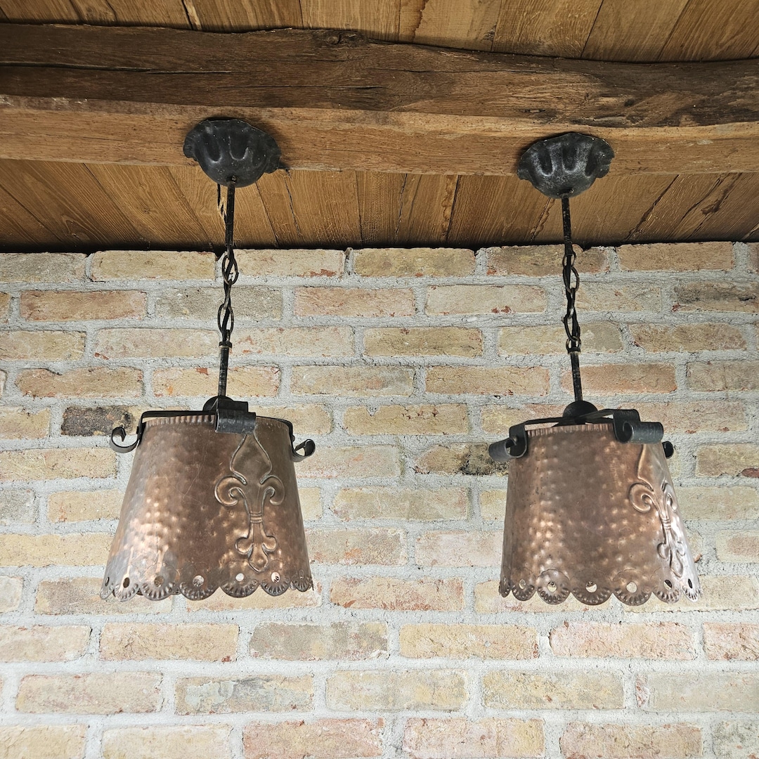 Pair Vintage Hammered Copper Pendant Lights | Scalloped Rim | Fleur-de ...