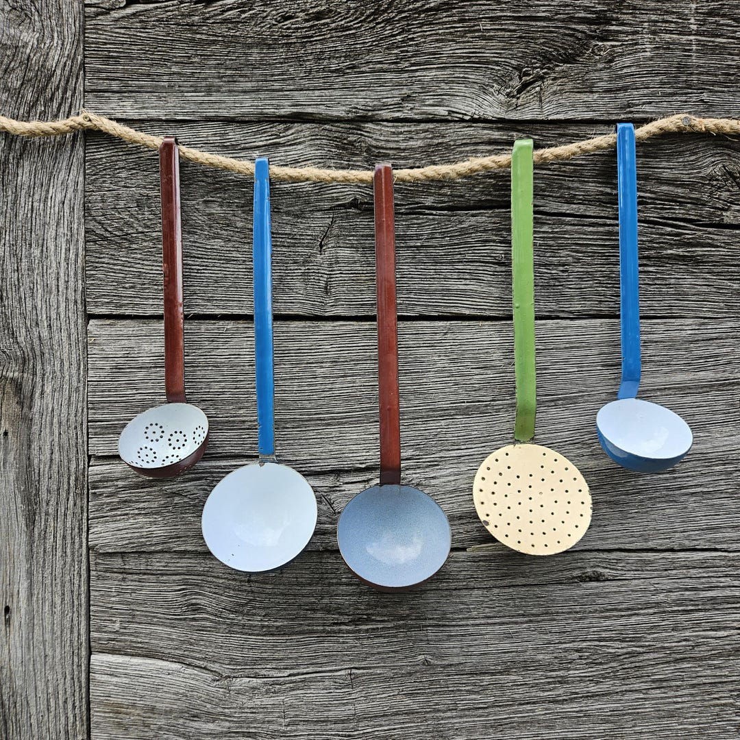 Vintage Enamel Ladles | Serving Utensils | Enamel Coated Soup Spoons ...