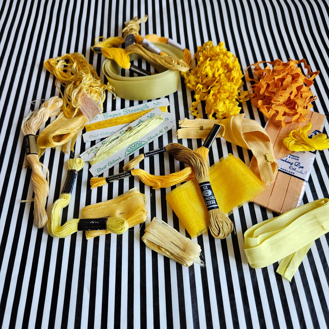 Vintage Craft Grab Bag Filled Home Sewing Box Mixed Haberdashery Yellow ...