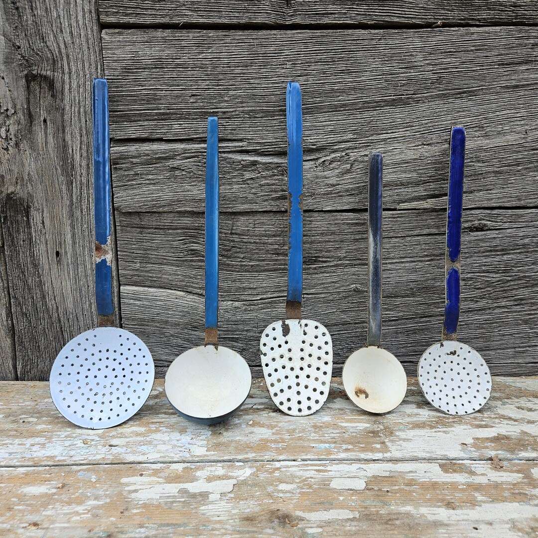 Old Enamel Ladles | Serving Utensils | Vintage Enamel Coated Soup ...