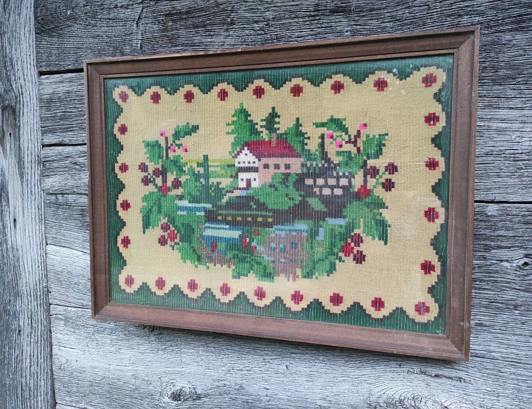 Vintage Lodge Tapestry Cottagecore Wall Hanging Landscape Framed ...