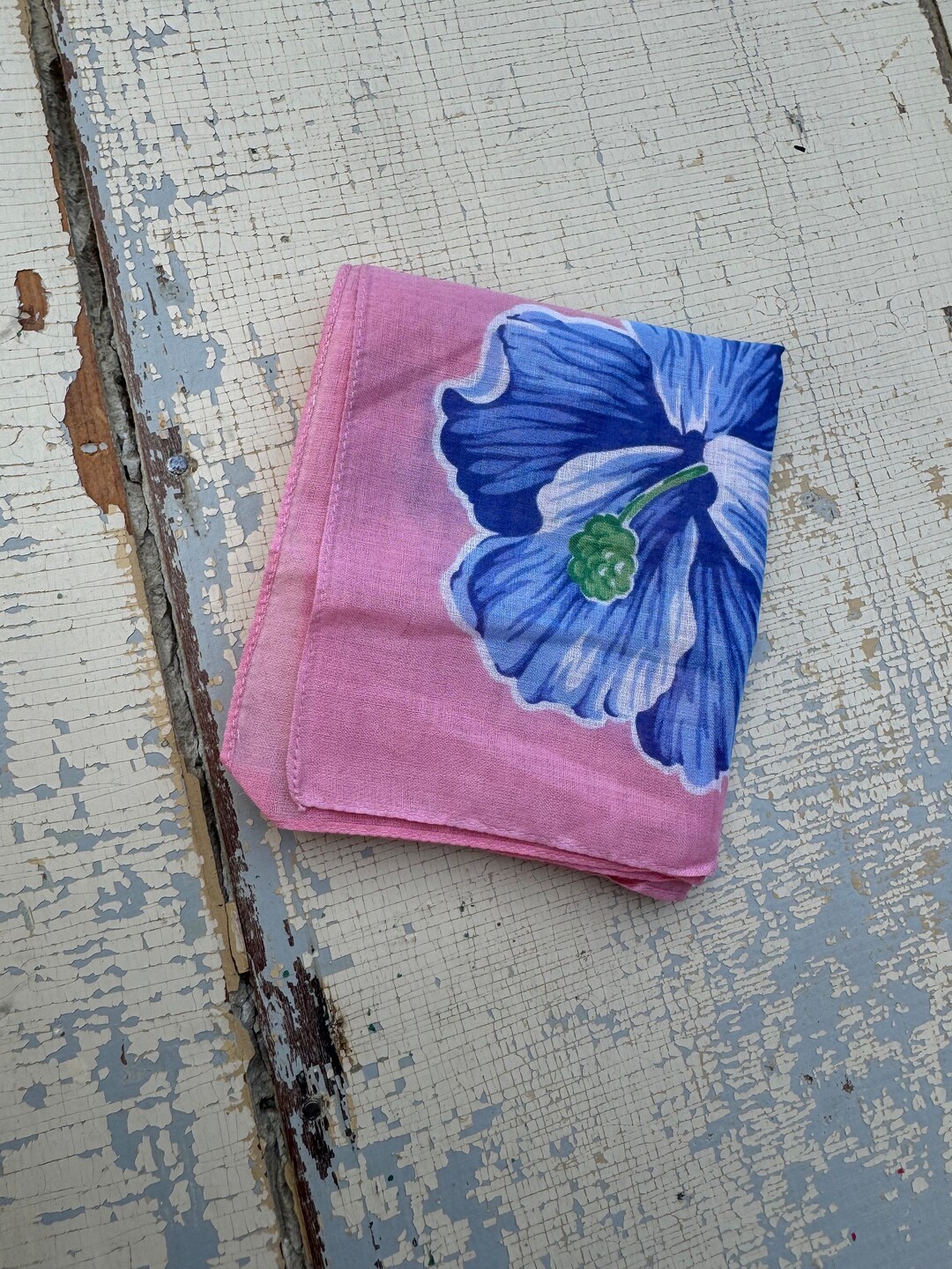VINTAGE Floral Handkerchief- Cotton Hanky - Pink, White + Blue Hibiscus ...