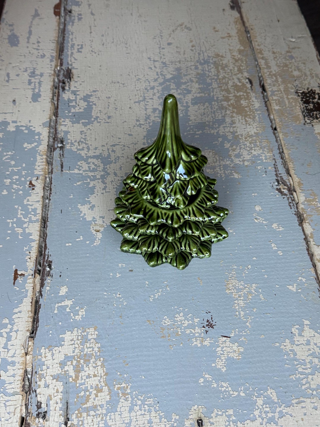 VINTAGE Stacking Christmas Tree Green Ceramic Trays Retro Holiday Decor ...