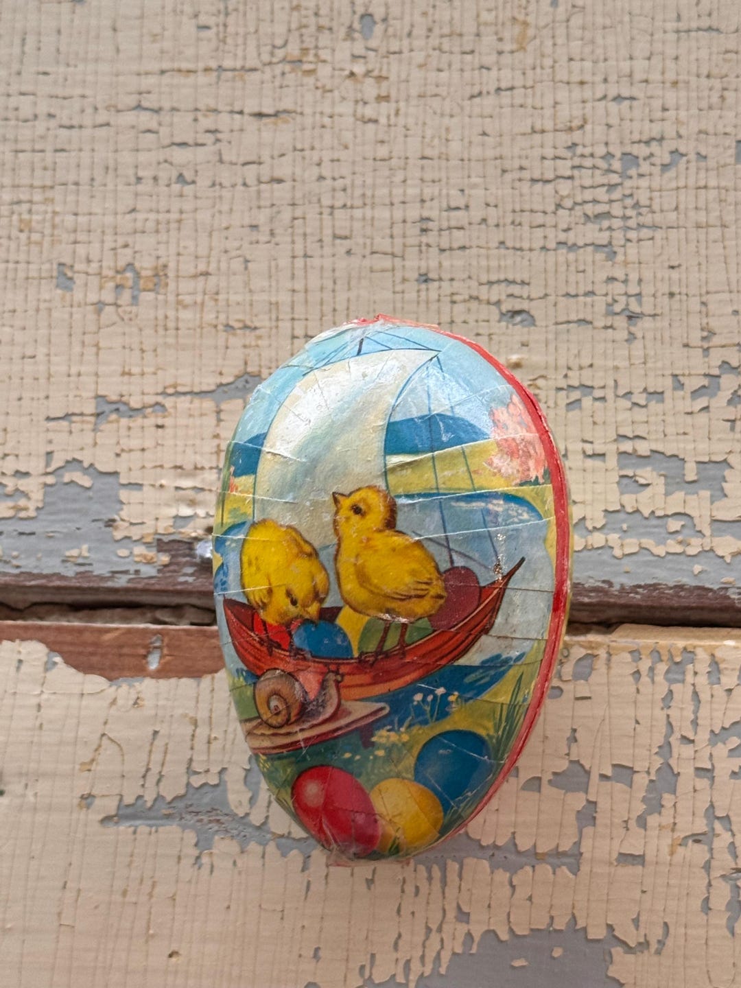 VINTAGE Paper Mache Easter Egg - Bunny + Chicks Candy Container ...