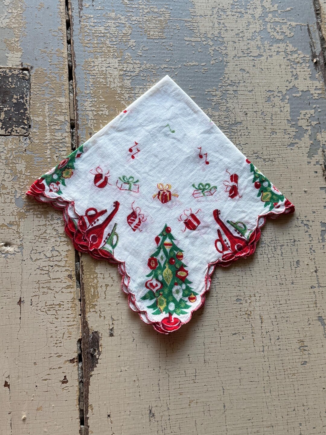 VINTAGE Christmas Handkerchief- Cotton Hanky - Tree- Musical ...