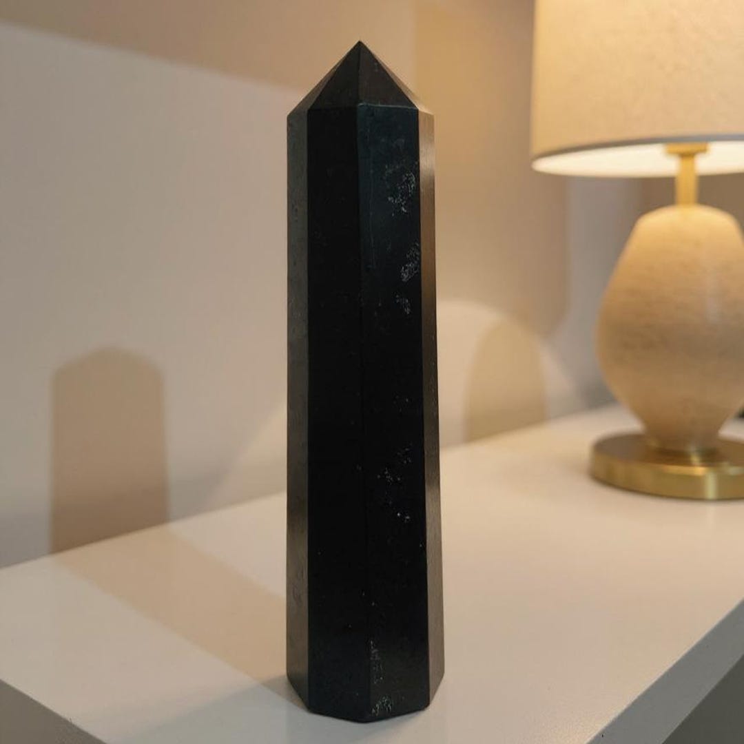 Black Tourmaline Point Tower, Sleek Polished Obelisk Wand for Focus and ...