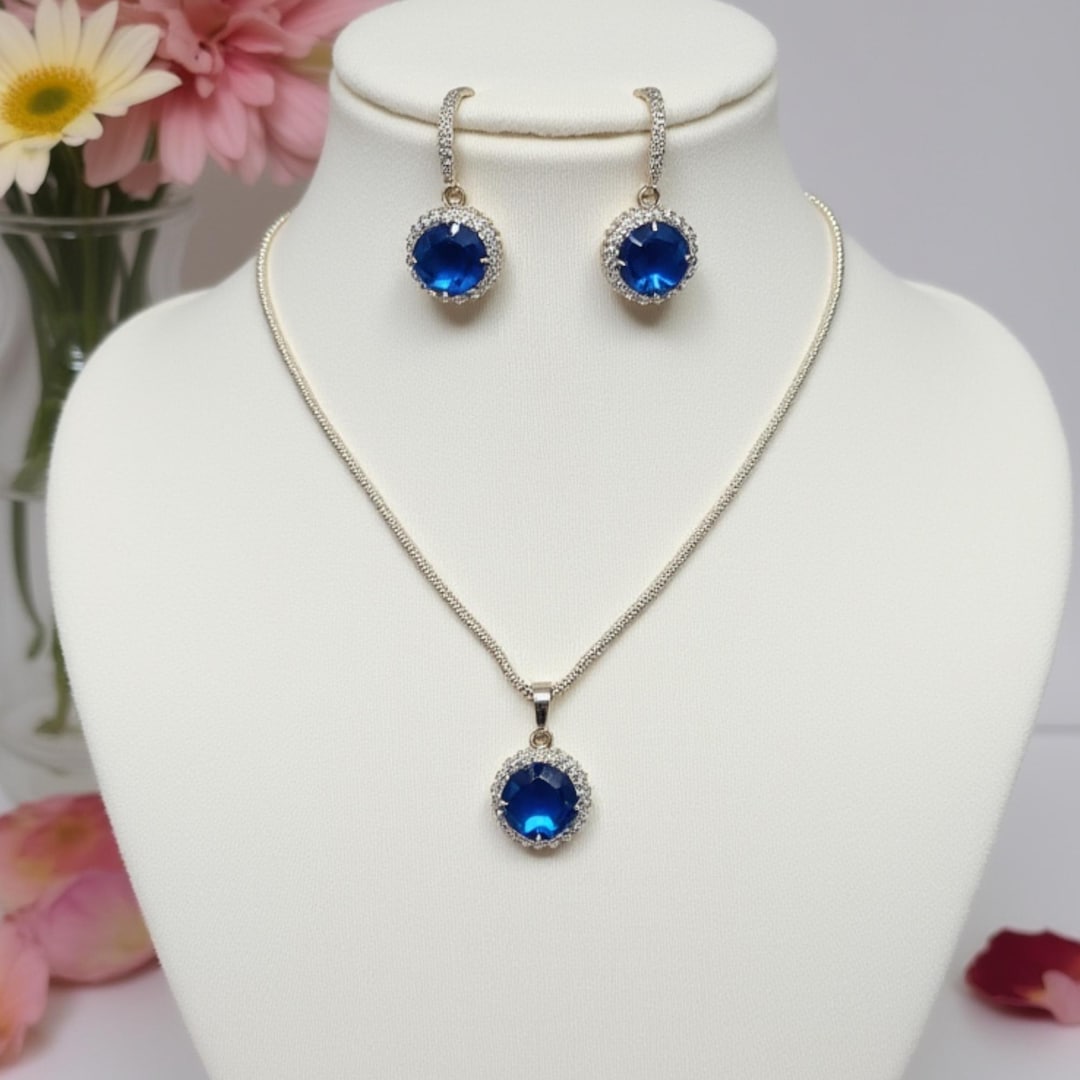 Elegant Blue Sapphire Set Necklace + Earrings, Royal Blue Crystal Look ...
