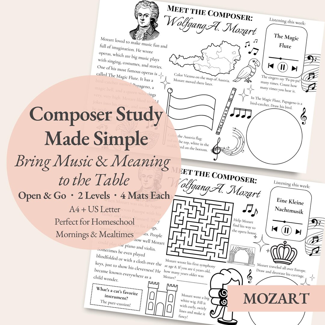 Mozart Composer Study Placemats | Homeschool Printable Music ...