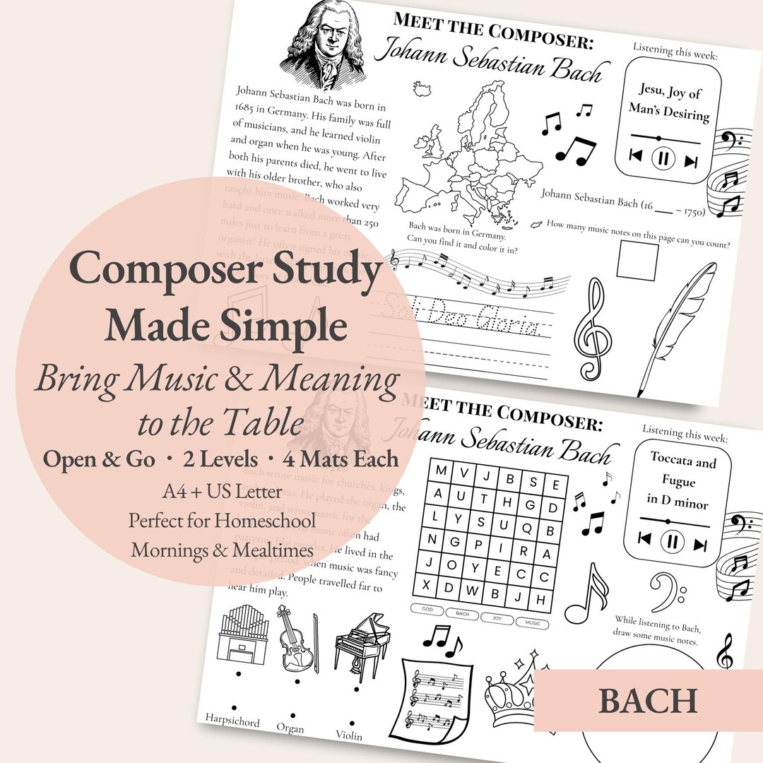 Bach Composer Study Placemats | Homeschool Printable Music Appreciation ...