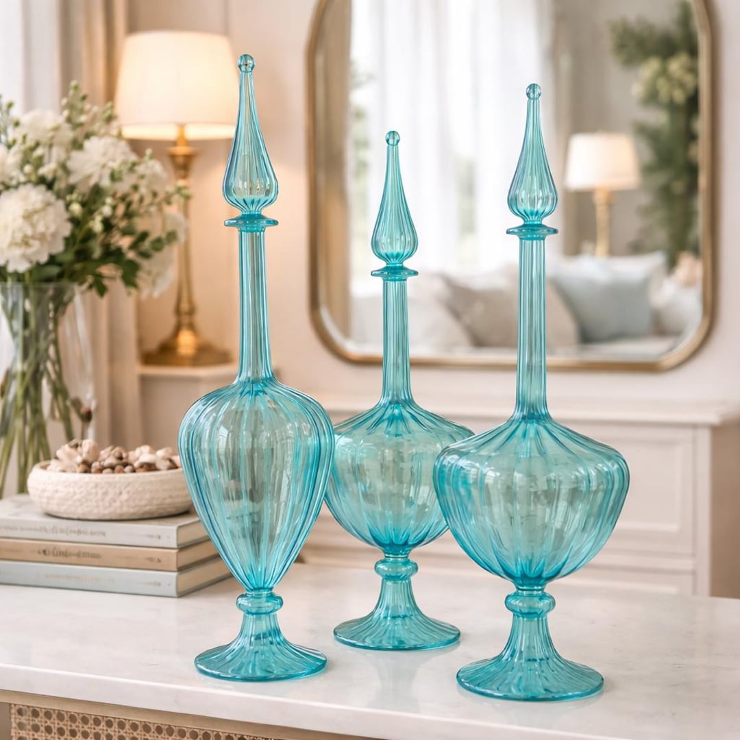 Hand Blown Glass Decorative Bottles Set, Turquoise Ribbed Glass ...
