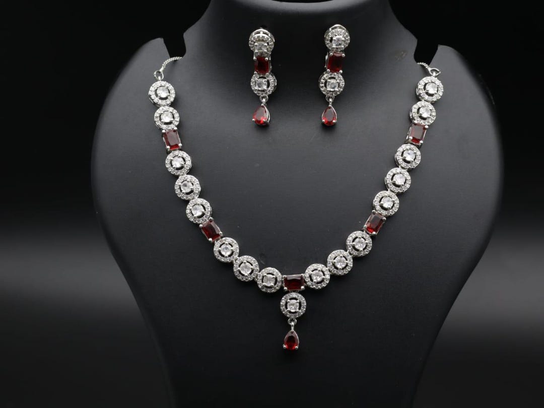 Lab Ruby & CZ Diamond Necklace Earring Set: Elegant Red Bridal Jewelry ...