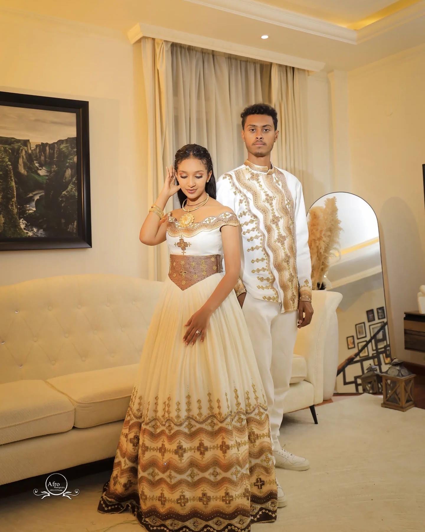 Ethiopian & Eritrean Couple Outfit Set | Habesha Kemis and Men’s ...