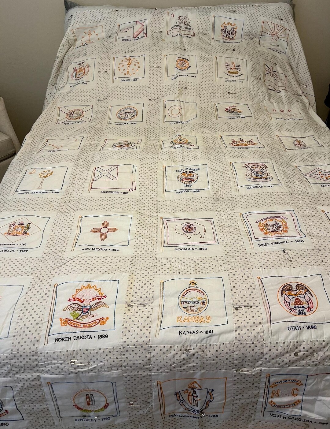 Vintage 50 States Patchwork Quilt (100”x95), Unfinished Cotton ...