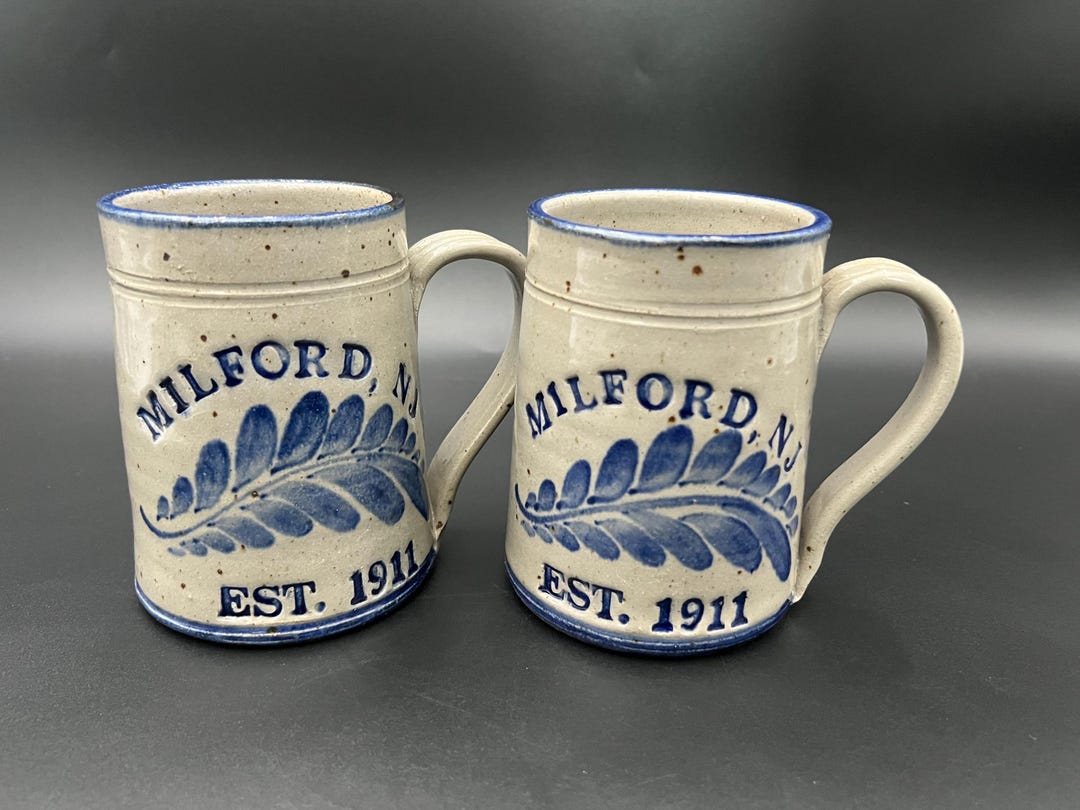 Salt Glazed Stoneware Mugs (set of 2), Milford N.J., Blue Leaf Design ...