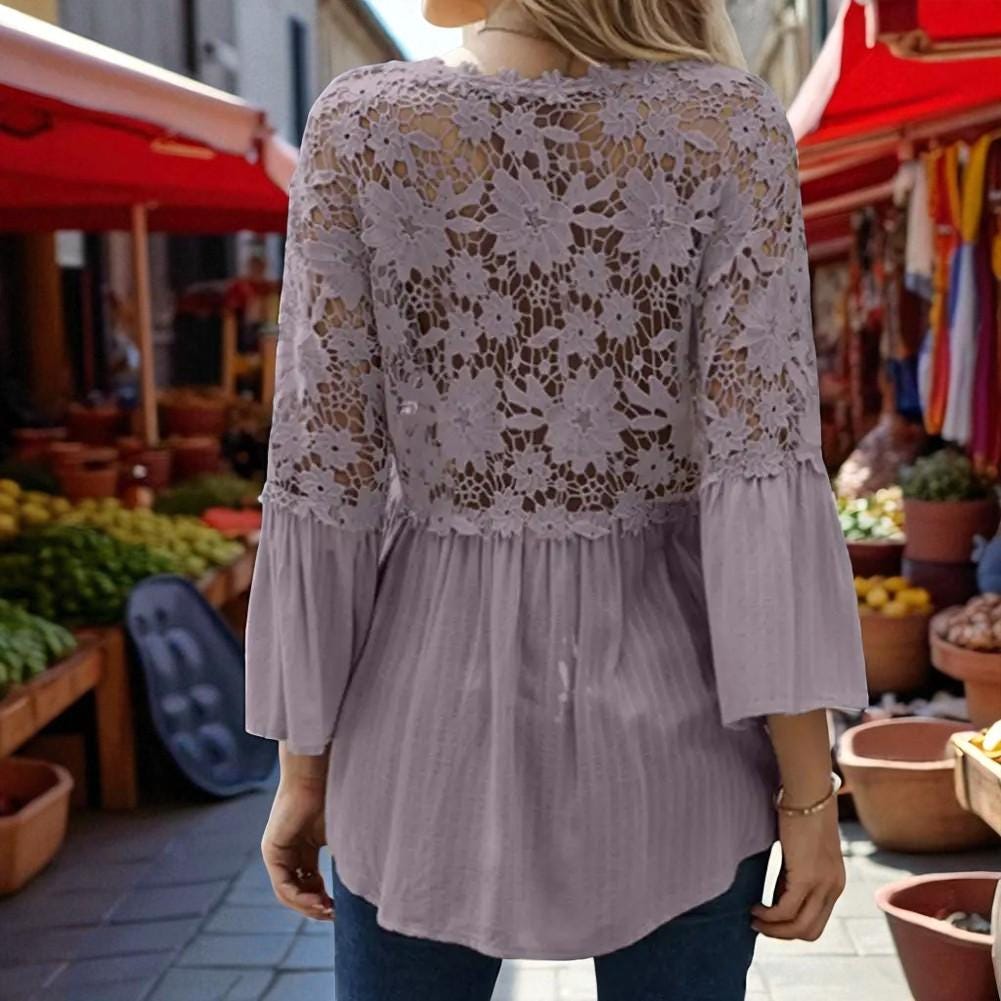 Lace Patchwork V-neck Blouse – Women’s 3/4 Flared Sleeve Top, Elegant ...