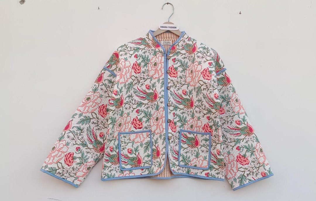 Hand Block Print Quilted Jacket: Indian Short Kimono, White flower coat ...