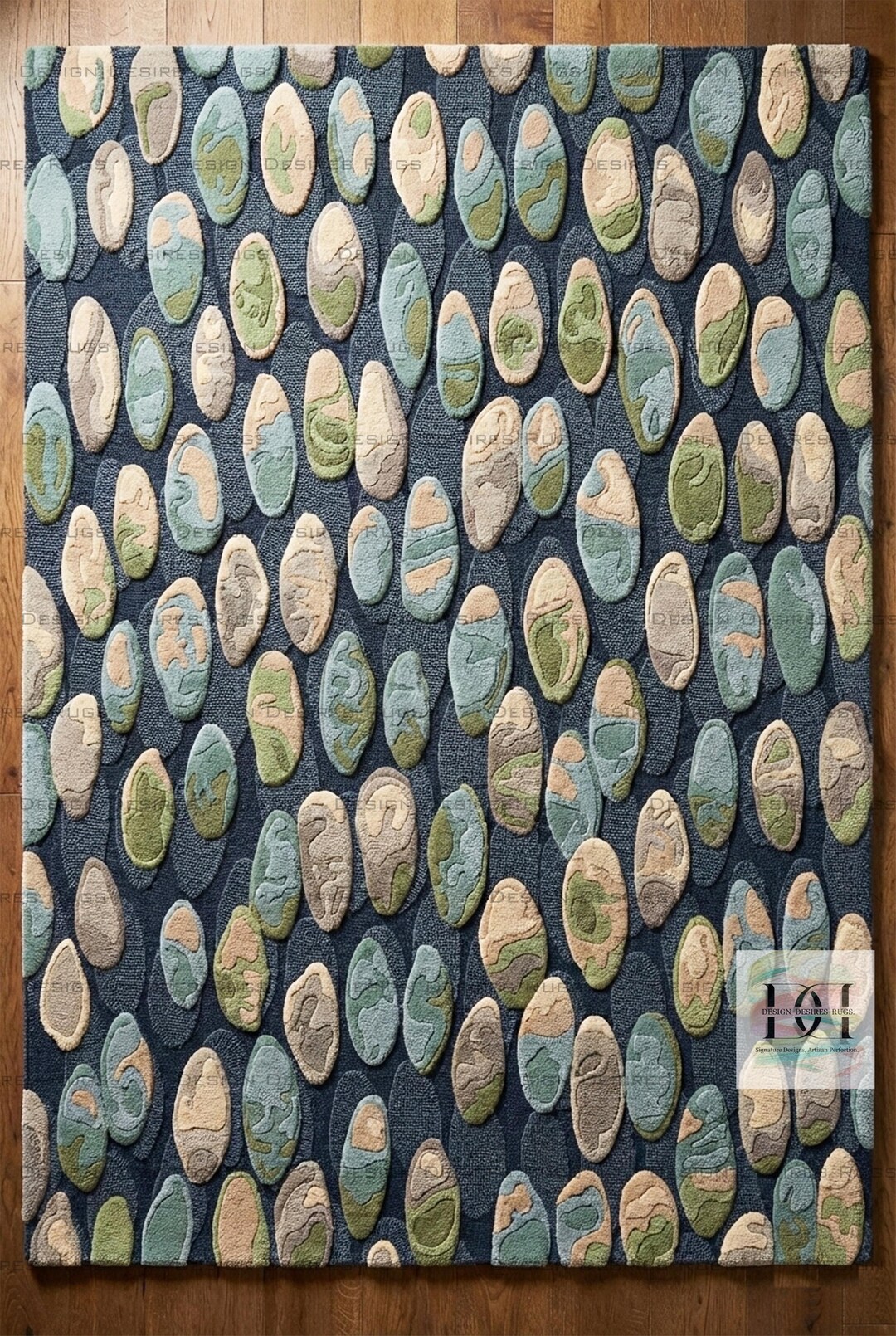 Hand-tufted River Stones Wool Area Rug, Modern Pebbles Navy, Sage ...
