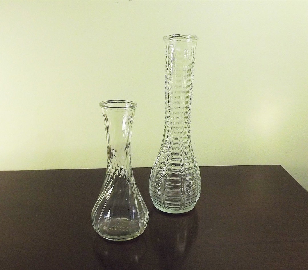 Set of 2 Vintage Clear Glass Bud Vases, Textured Ribbed Pressed Flower ...