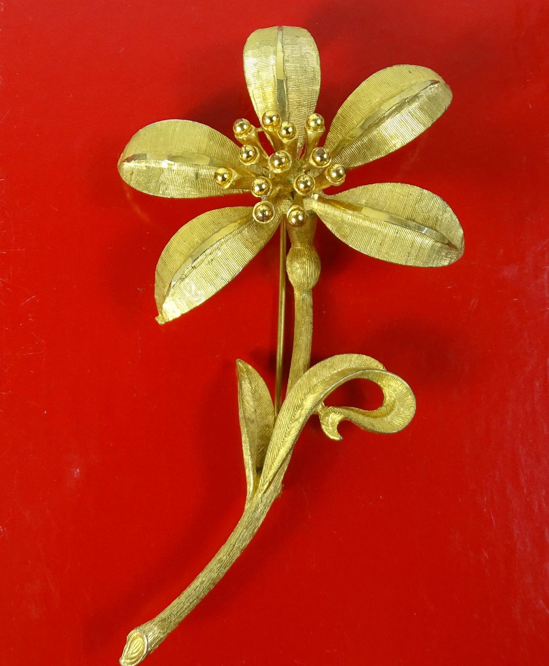 Vintage Flower Brooch, 1960s Big Gold Long Large Shiny Lapel Pin - Etsy
