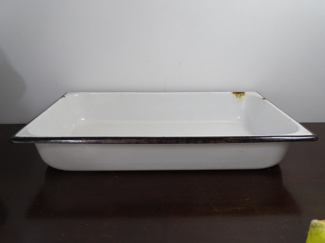 Large Rectangle Black Rim White Enamel Pan, Vintage Metal Shabby ...