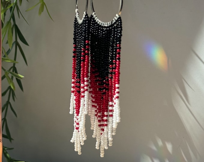 Red & Black Seed Bead Fringe Earrings - Fringe Earrings - Silver ...