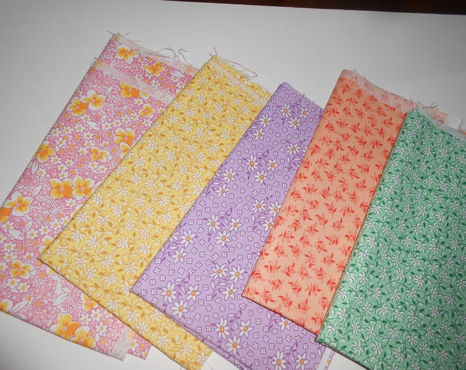 5 Fat Quarters Multi Color Pastel Florals Retro 30's Flour Sack Repro ...