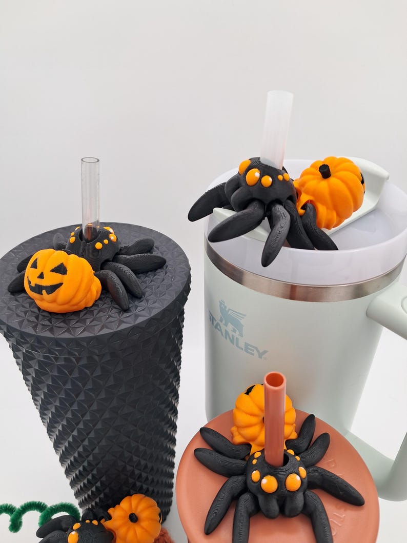 3D Printed Jack O’lantern Spider Straw Topper | Halloween Cup Accessory ...