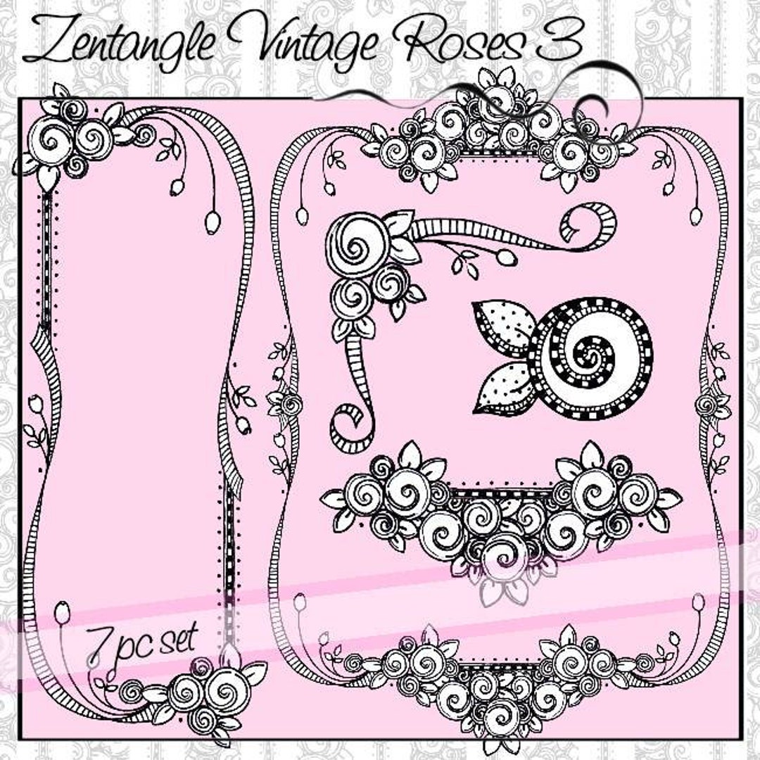 Zentangle Inspired Vintage Roses 3 Digital Stamp Set - Personal and ...