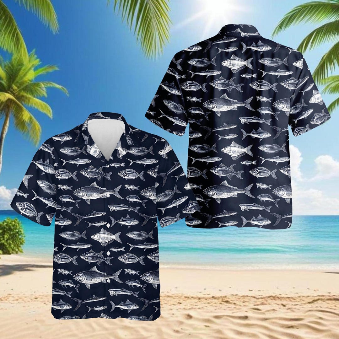Blue Fish Pattern Hawaiian Shirt, Ocean Fish Aloha Shirt, Coastal Sea ...