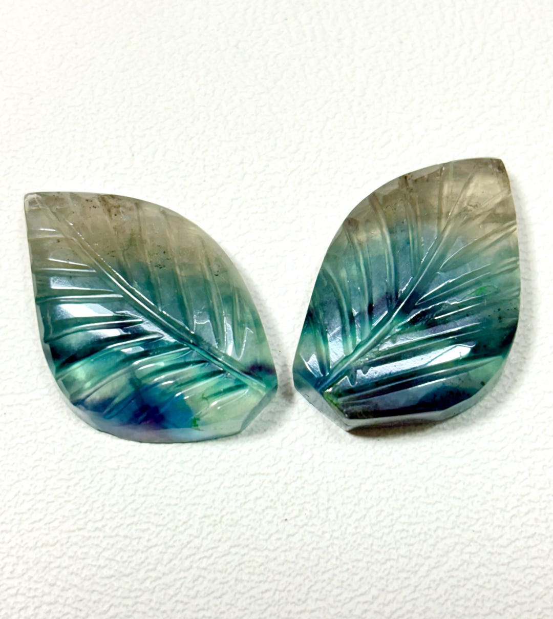 Carved Fluorite Leaf Pair, Two-tone Gemstone Beads, Botanical Jewelry ...