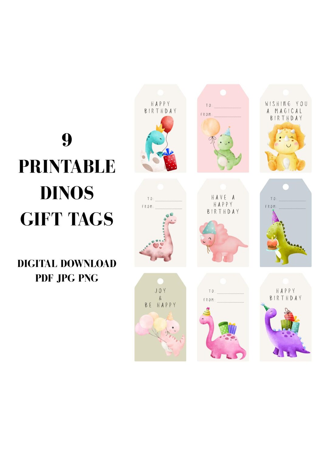 9 Printable Birthday Dinosaur Gift Tags Set – Happy Birthday PDF ...