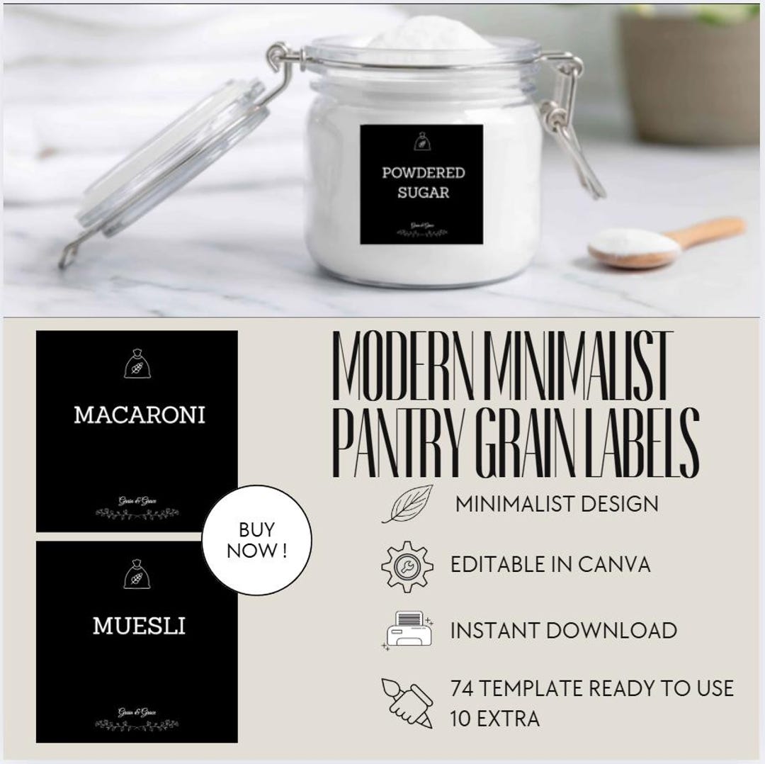 Minimalist Pantry Grain Labels Template: 75 Pre-filled, 10 Blank (PDF ...