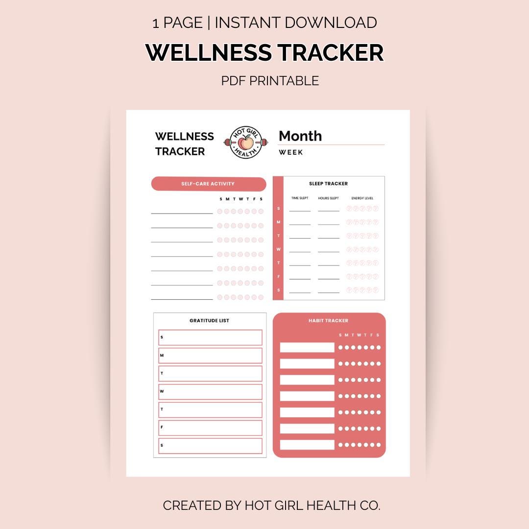 Wellness Tracker Printable | Self-care Habit Tracker PDF | Health ...