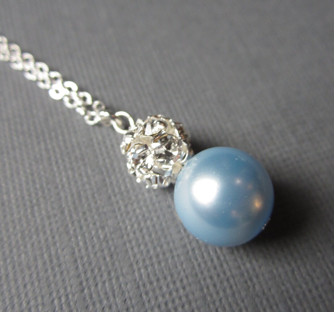 Light Blue Pearl Necklace, Pale Blue Bridesmaid Jewelry, Rhinestone ...