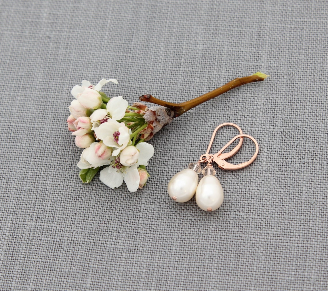 Rose Gold Drop Earrings Pearl Jewelry Petite Pearl & Crystal | Etsy