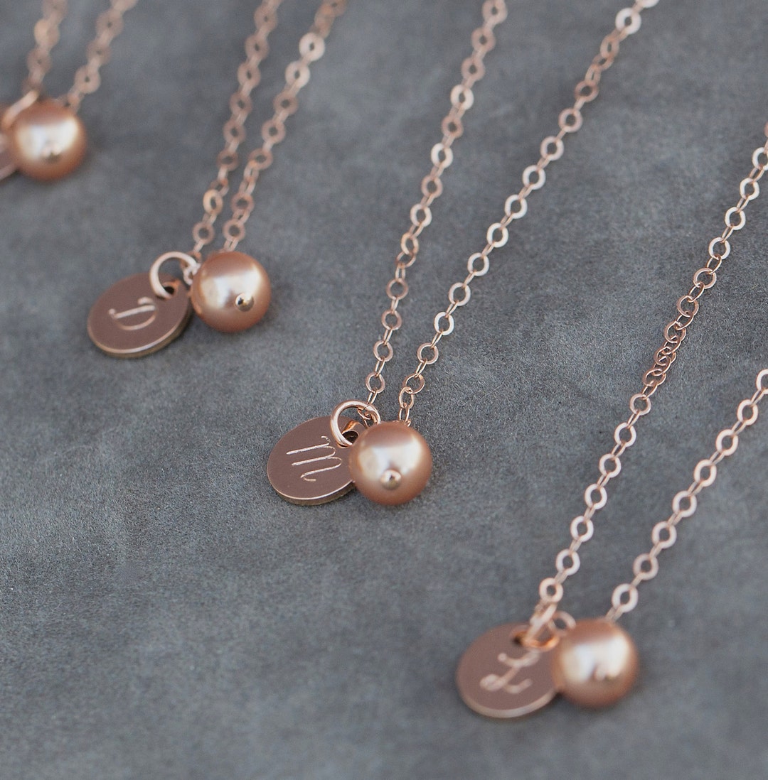 Initial Necklace, Rose Gold Bridesmaid Jewelry, Rose Gold Pearl ...